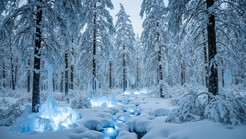Enchanted Winter Forest with Silver Ice Trees and Glowing Blue Lights ...