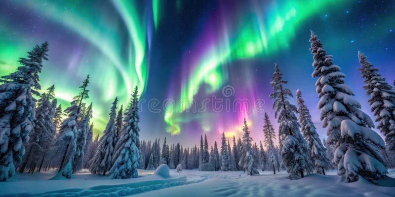 Enchanted Winter Forest Under a Vivid Aurora Borealis Display ...