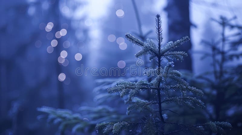Enchanted Winter: Moody Blue Pine Forest with Bokeh Lights Background Stock Illustration ...