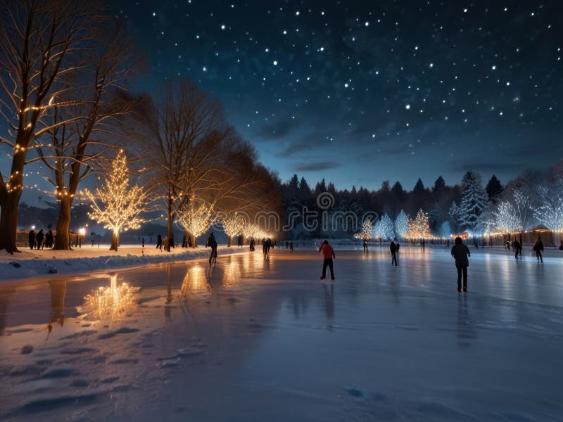Enchanted Winter Night, Ice Skating Under the Stars Stock Illustration ...