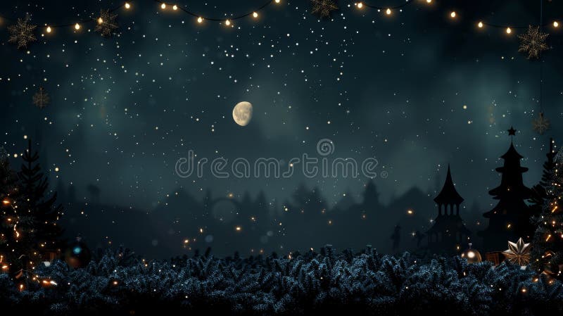 Enchanted Winter Night Landscape with Moon and Festive Lights Stock ...