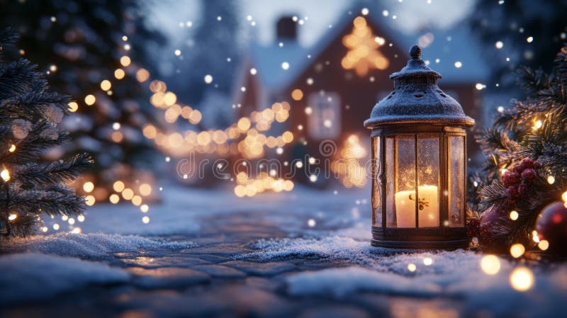 Enchanted Winter Night: Lantern Light and Festive Glow Stock ...