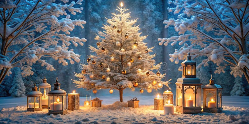 Enchanted Winter Night Scene with Decorated Evergreen Tree and Glowing ...