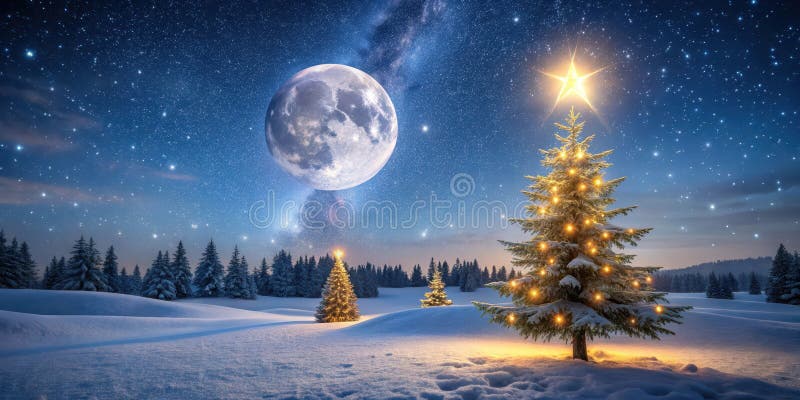 Enchanted Winter Night Scene with Illuminated Evergreen Trees Under a ...