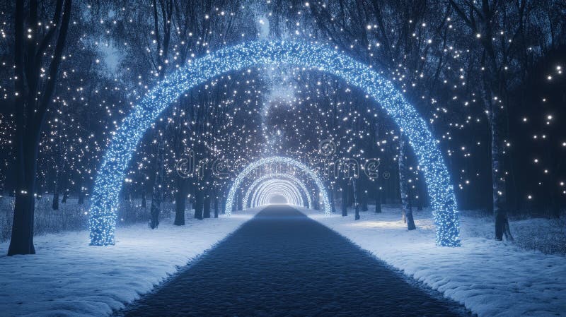 Enchanted Winter Pathway Illuminated by Glowing Blue Light Arches in ...