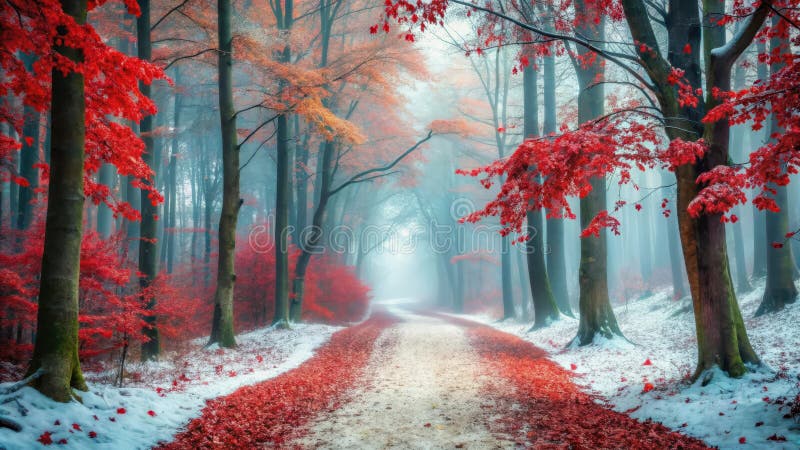 Enchanted Winter Pathway through a Red and White Forest. Generative AI ...