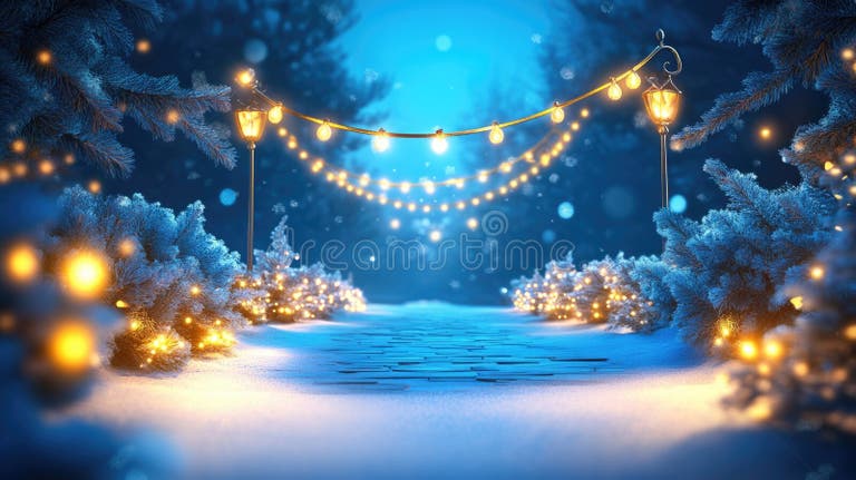 Enchanted Winter Pathway with String Lights Amid Snowy Trees at Night ...
