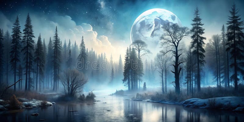 Enchanted Winter River Scene Under a Giant Moon. Generative AI Stock ...