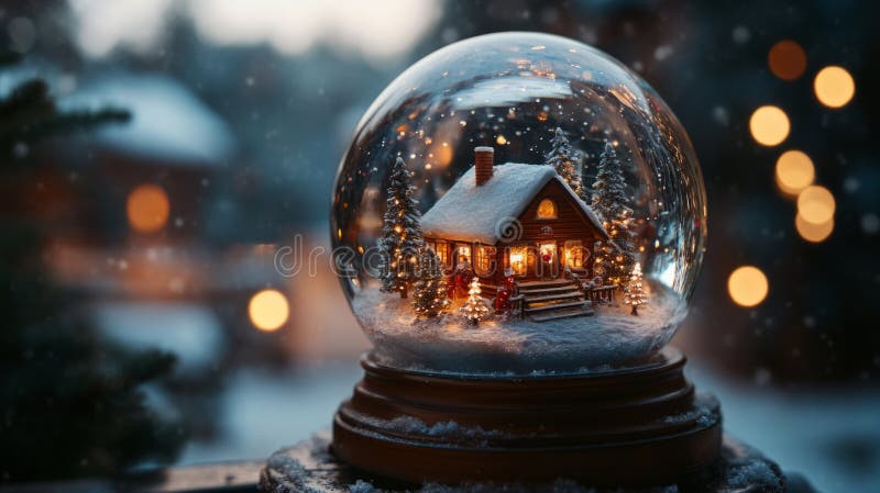 Enchanted Winter Snow Globe Scene with Illuminated Cabin Stock ...