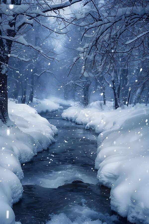 Enchanted Winter Stream: a Snowy Forest Path Stock Illustration ...