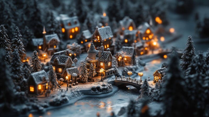 Enchanted Winter Village Miniature at Night Stock Illustration ...