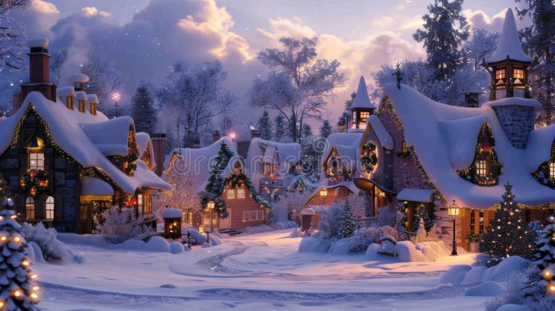 Enchanted Winter Village at Twilight with Sparkling Lights Stock Image ...