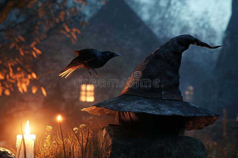 Enchanted Witch Hat and Crow in Mysterious Twilight Setting Stock ...