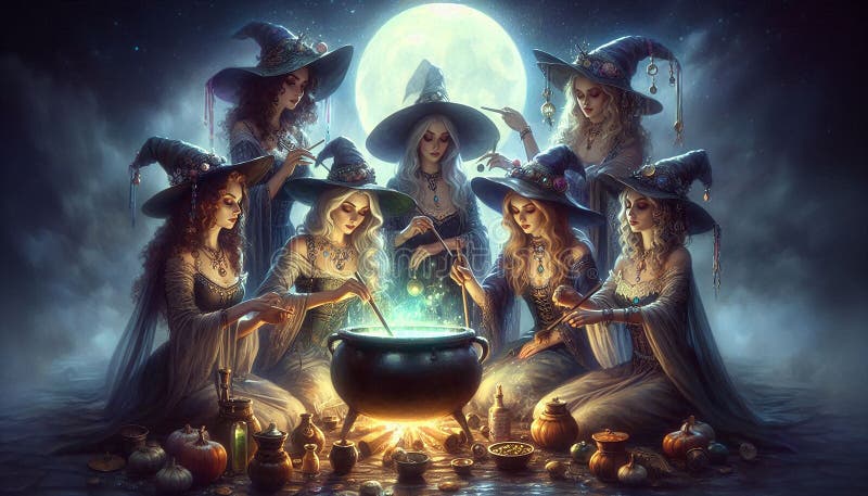 Enchanted Witches Gathering Under Moonlight Stock Illustration - Illustration of forest, ancient ...