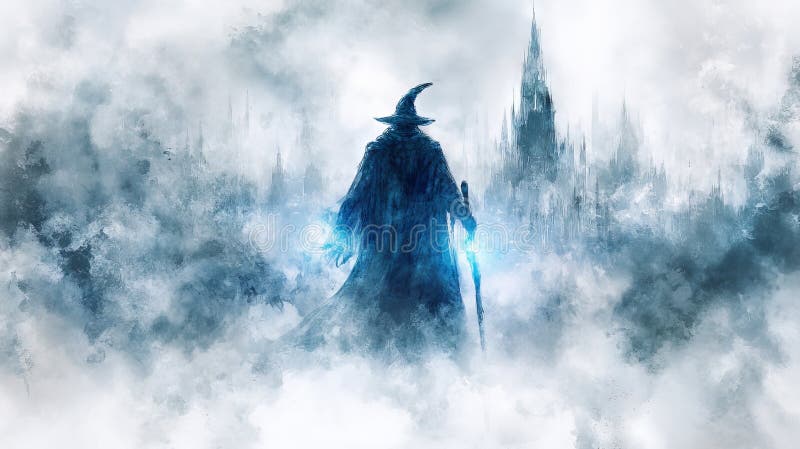 Enchanted Wizard Casting a Spell in a Misty Setting, Holding a Blue ...