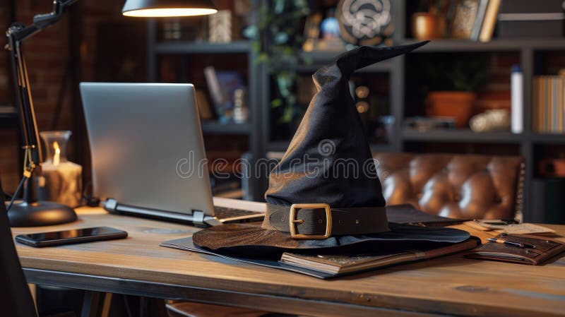 Enchanted Wizard Hat on Modern Work Desk in Home Office Stock Photo ...