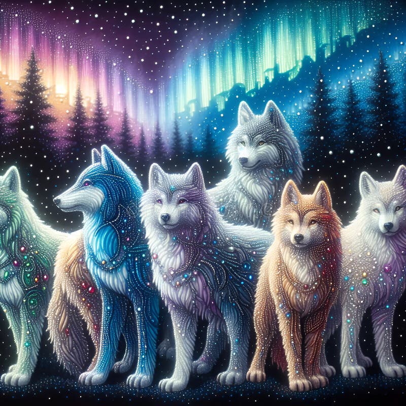 Enchanted Wolf Pack Beneath Aurora Borealis Stock Illustration ...