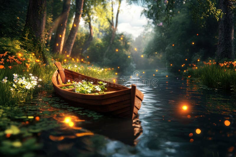 Enchanted Wooden Rowboat on Serene Forest River with Glowing Fireflies ...
