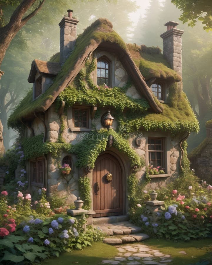 Enchanted Woodland Cottage stock illustration. Illustration of ...