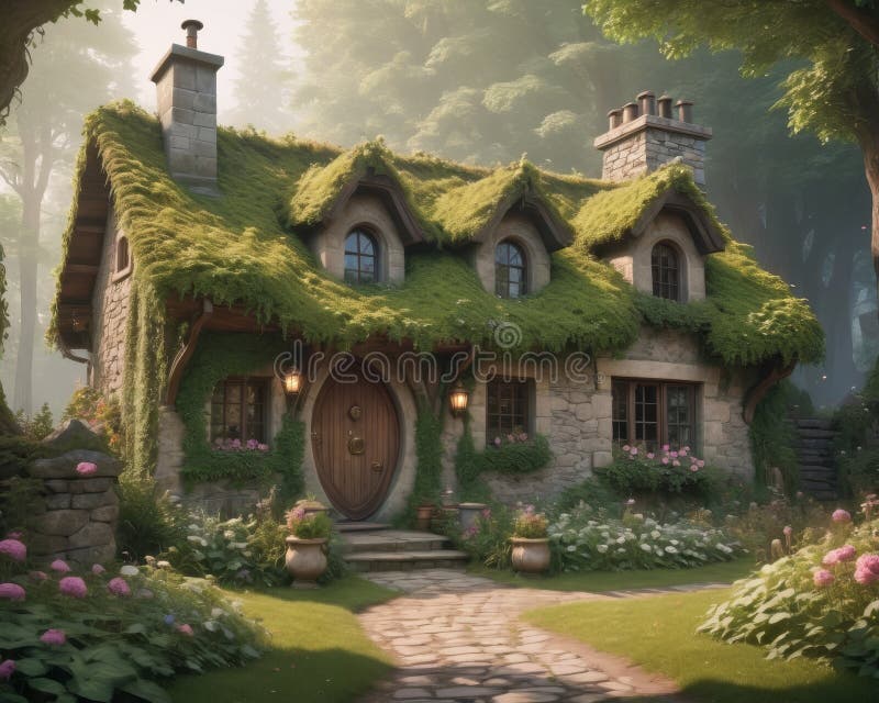 Enchanted Woodland Cottage stock illustration. Illustration of mystical ...