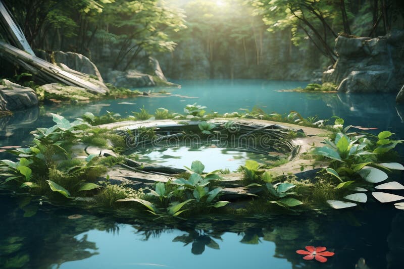 Enchanted Woodland Pond with Moss-Covered Floating Circle. Generative ...