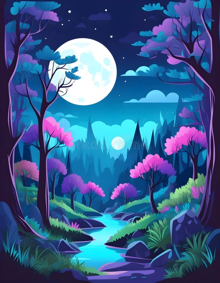 Enchanted Woodland Under a Glowing Moon in a Magical Vector ...