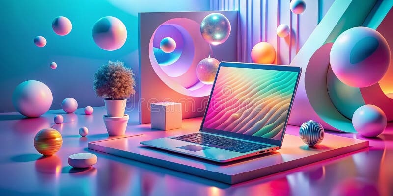 Enchanted Workspace a Dreamlike Flat Lay Featuring a Laptop and ...