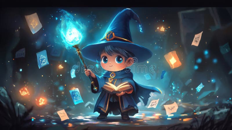 Enchanted Young Wizard Holding Magical Book with Glowing Staff Stock ...