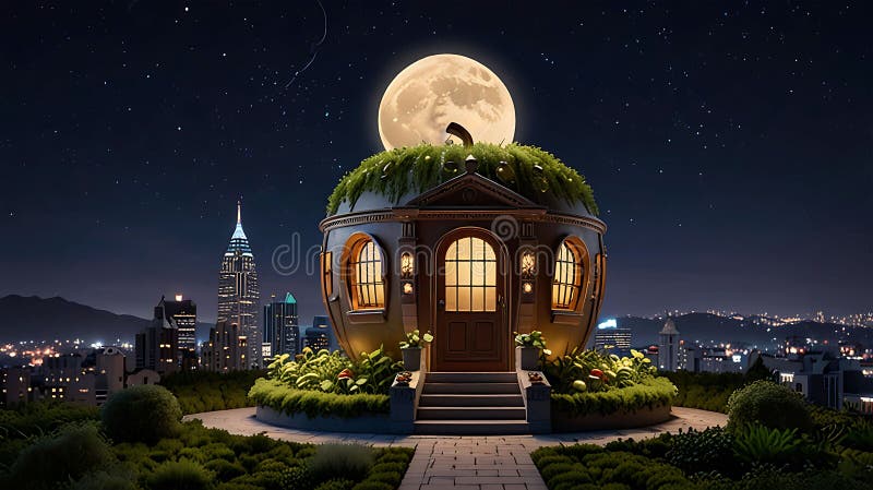 Enchanting Apple-Shaped House Atop a City at Night Stock Illustration ...