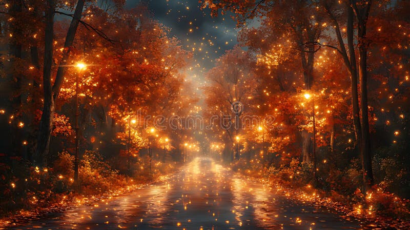 Enchanting Autumn Road with Glowing Lights and Falling Leaves Stock ...