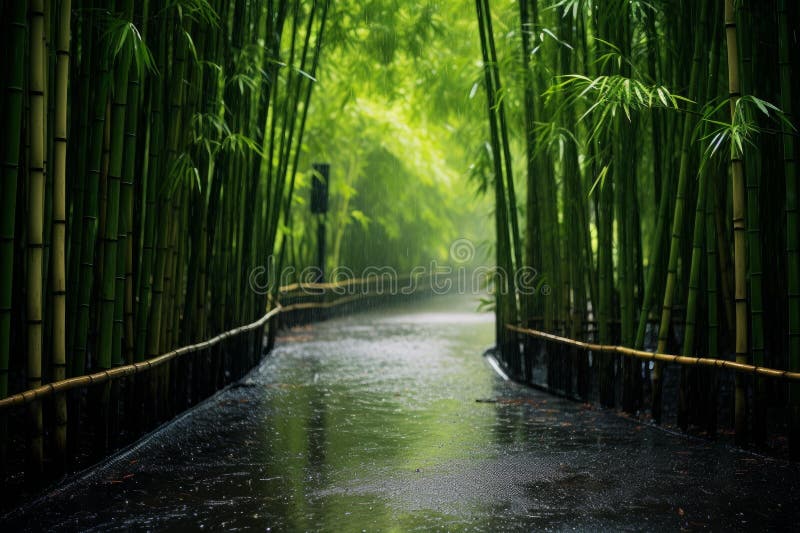 Enchanting Bamboo Forest Path in Rain Stock Image - Image of exotic ...