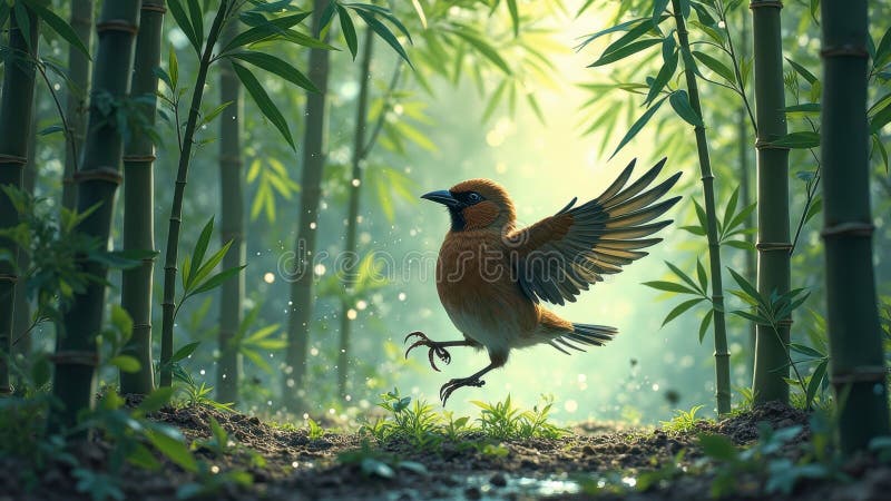 Enchanting Bird with Outstretched Wings in Serene Bamboo Forest Stock ...