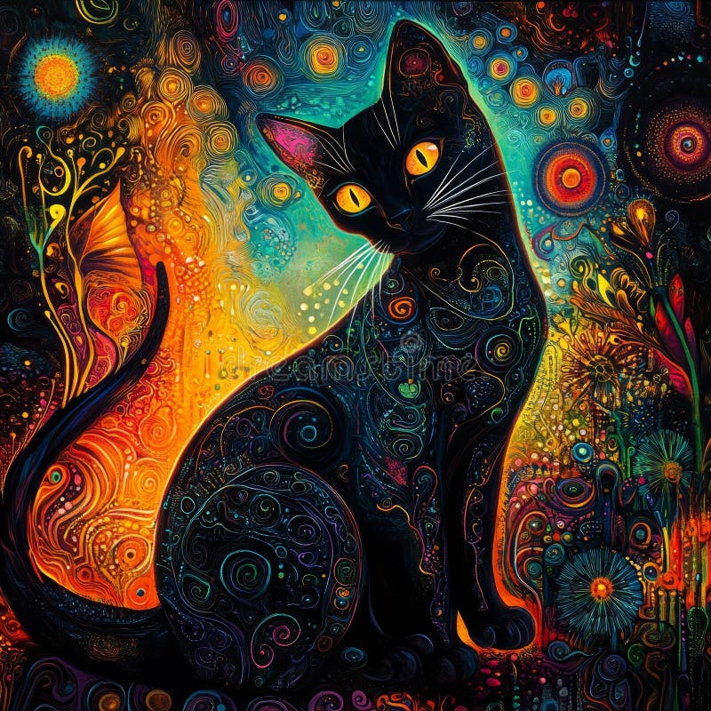 Enchanting Black Cat Surrounded by Vivid Colors and Intricate Patterns ...