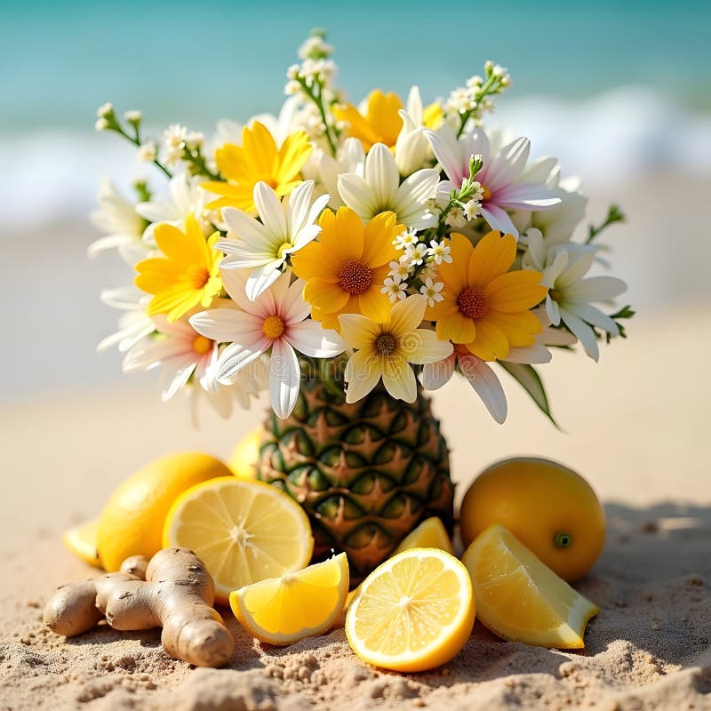 Sunny Beach Bliss: Floral and Fruity Delight Stock Illustration ... Sunny Beach Bliss: Floral and Fruity Delight Stock Illustration ...