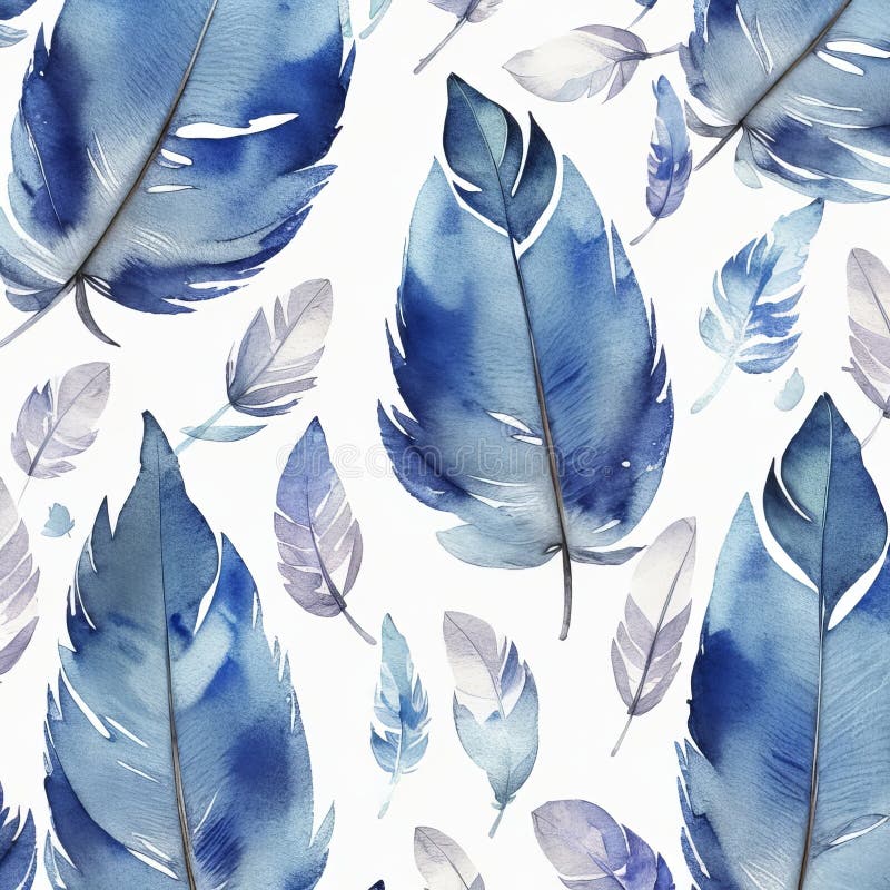 Enchanting Blue Feather and Leaf Watercolor Seamless Pattern. Stock ...