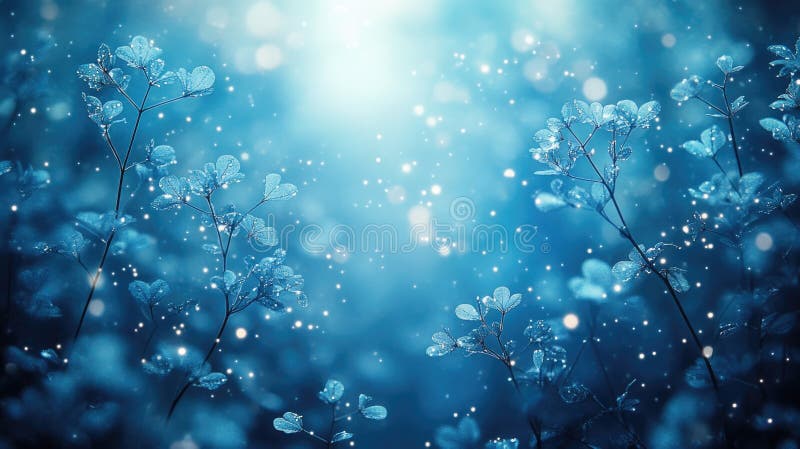 Enchanting Blue Floral Scene with Sparkling Dew and Soft Light Stock ...