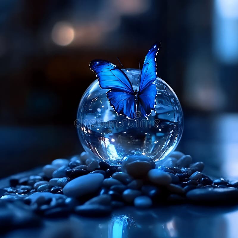 Enchanting Blue Morpho Butterfly in Glass Orb on Pebbles Stock ...