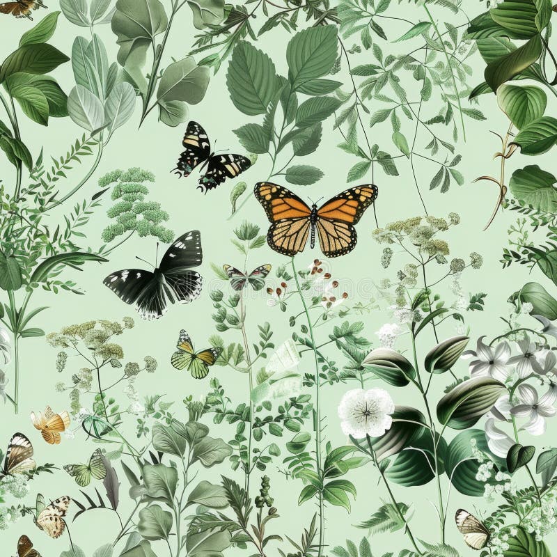 Enchanting Botanical Garden with Butterflies Pattern Stock Photo ...