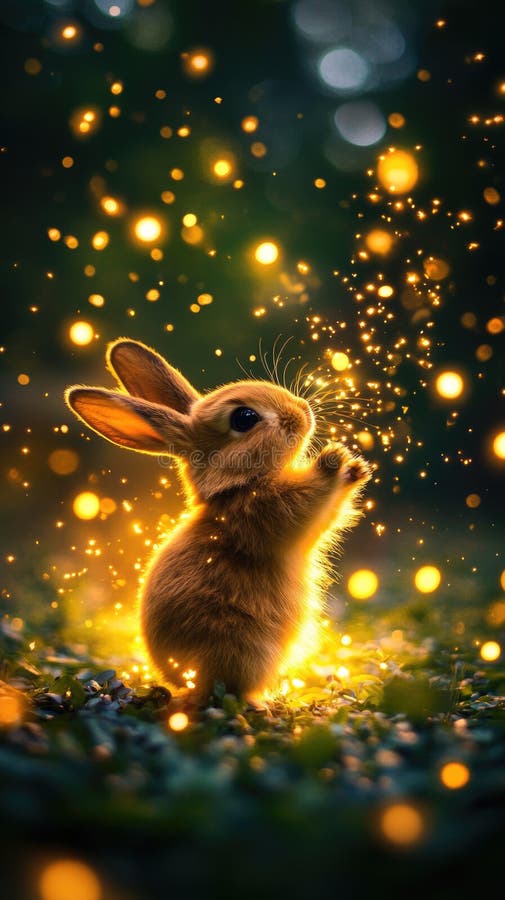 Enchanting Bunny Surrounded by Glowing Fireflies in a Magical Forest ...