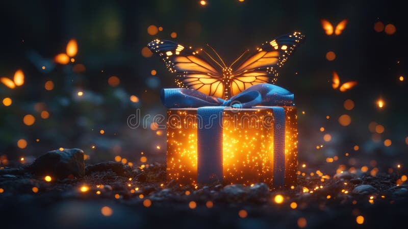 Enchanting Butterfly on Glowing Gift Box in Magical Forest Setting ...