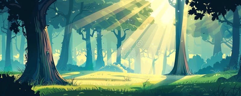 Enchanting Cartoon Forest Illustration with Sunlight and Trees, Digital ...