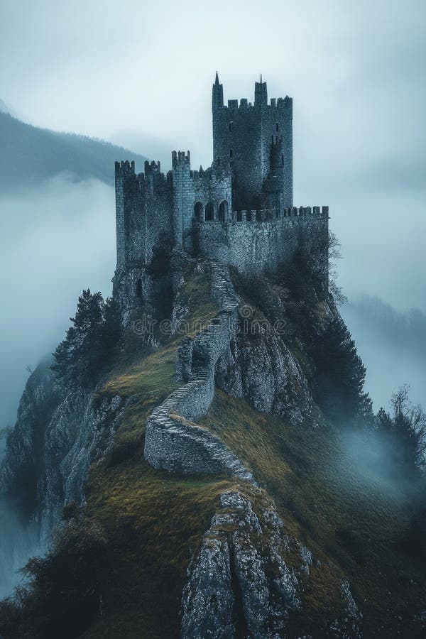 Enchanting Castle Cliff Surrounded Misty Forest Stock Photos - Free ...
