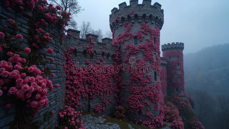 Enchanting Castle with Glowing Pink Rose Covered Walls Stock ...