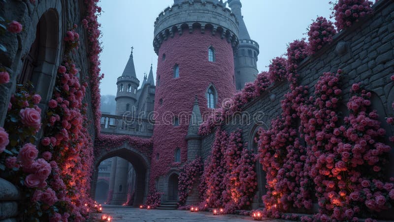 Enchanting Castle with Glowing Pink Rose Covered Walls Stock ...