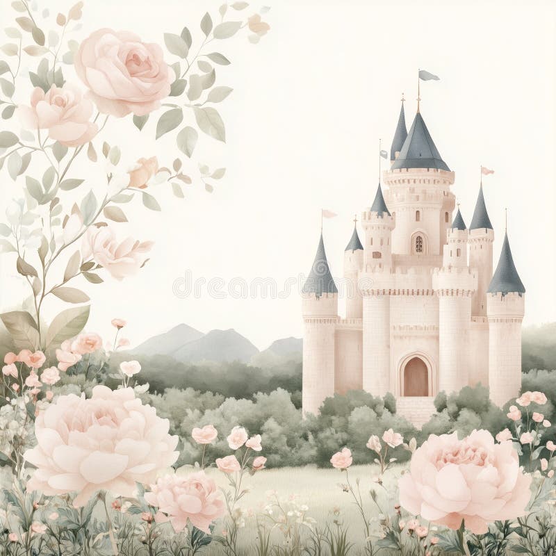 Enchanting Castle Landscape with Rose Border for Romantic Design ...