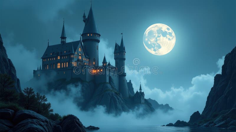 Enchanting Castle on a Misty Mountaintop Under a Full Moon Stock ...