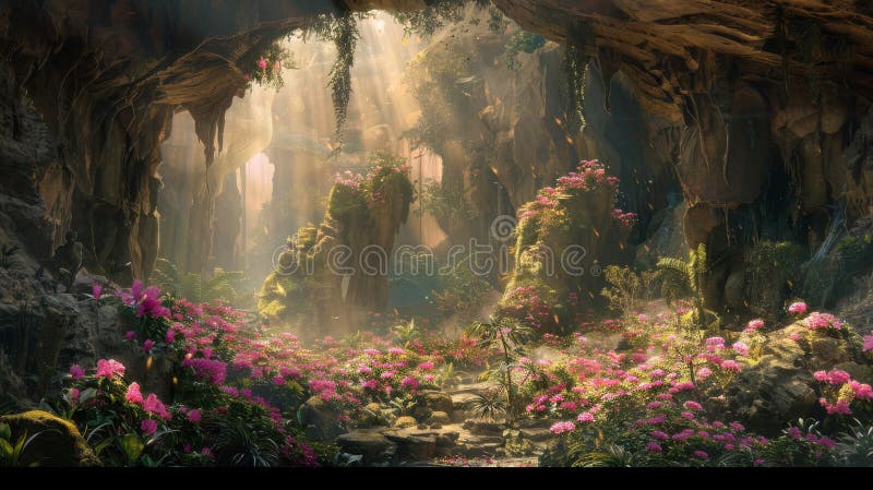 Enchanting Cave Forest Towering Trees and Pink Blossoms Create a ...