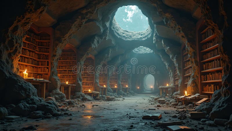 Enchanting Cave Library with Floating Books and Glowing Symbols Stock ...