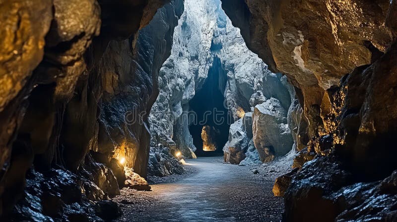 Enchanting Cave Pathway with Mysterious Rocks and Glimmering Lights ...