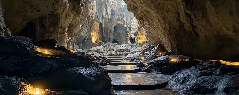 Enchanting Cave Pathway with Mysterious Rocks and Glowing Lights ...